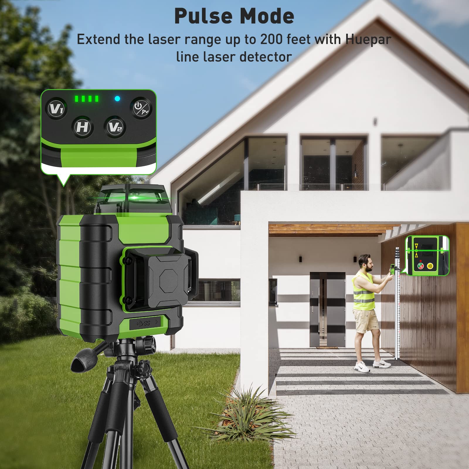 Huepar 3x360 Green Cross Line Laser Level with Pulse Mode, Li-ion Battery, Hard Case