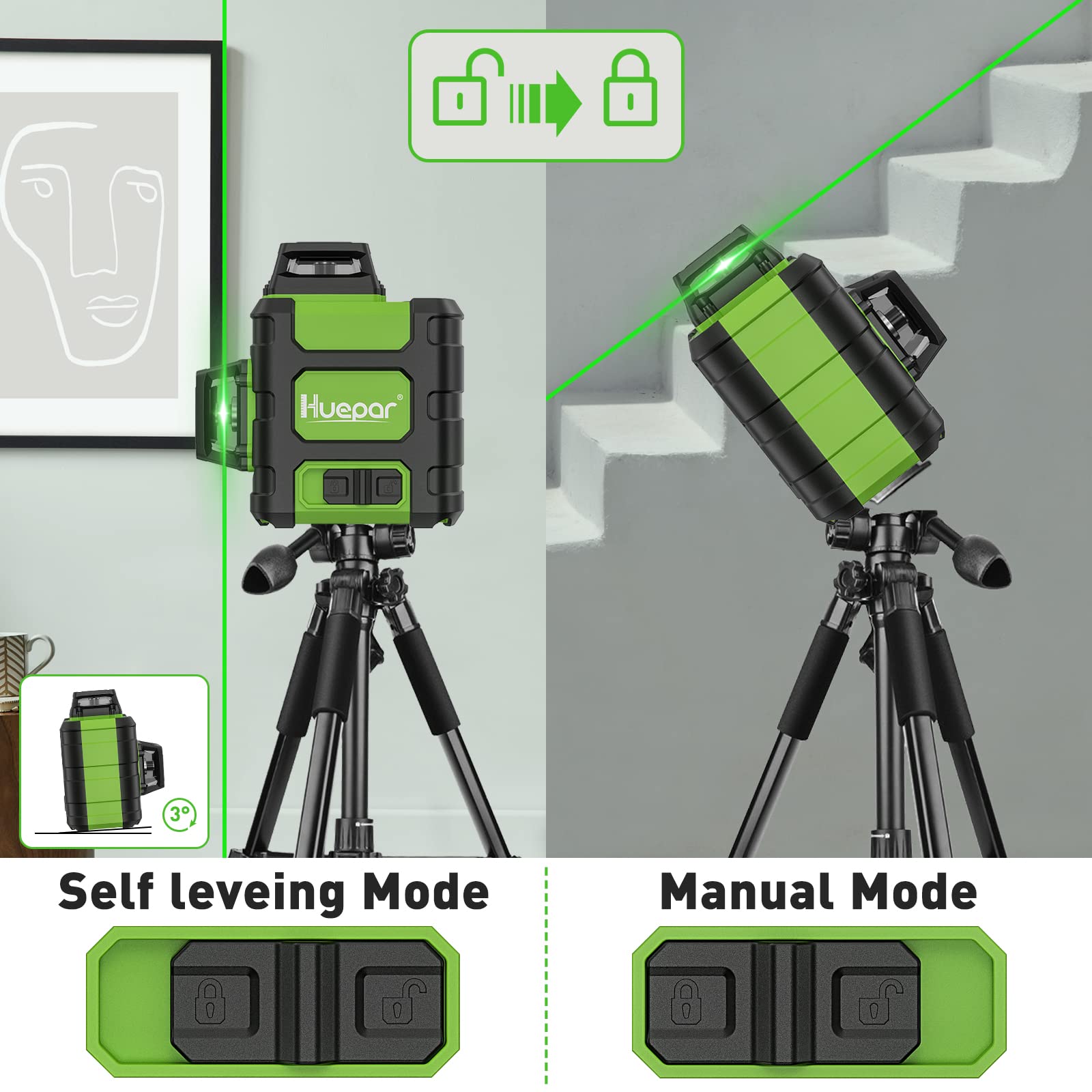 Huepar 3x360 Green Cross Line Laser Level with Pulse Mode, Li-ion Battery, Hard Case