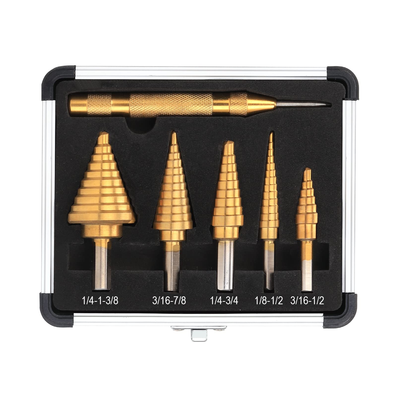 Yougfin Step Drill Bit Set-5 Pcs HSS Titanium Coated Step Drill Bits with Extra Automotive Center Punch-50 Sizes High Speed Steel Step Bits for Metal with Aluminum Case