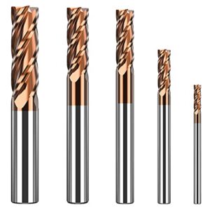 sisona 1/8" 3/16" 1/4" 5/16" 3/8" carbide end mills set - solid carbide (tungsten carbide + cobalt) - 5pcs 4 fulte cnc mill bits for steel - tisin coated