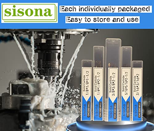 sisona 1/8" 3/16" 1/4" 5/16" 3/8" Carbide End Mills Set - Solid Carbide (Tungsten Carbide + Cobalt) - 5Pcs 4 Fulte CNC Mill Bits for Steel - TISIN Coated