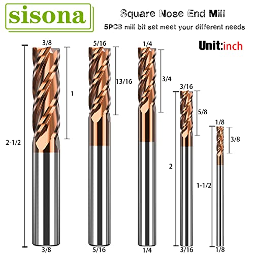 sisona 1/8" 3/16" 1/4" 5/16" 3/8" Carbide End Mills Set - Solid Carbide (Tungsten Carbide + Cobalt) - 5Pcs 4 Fulte CNC Mill Bits for Steel - TISIN Coated