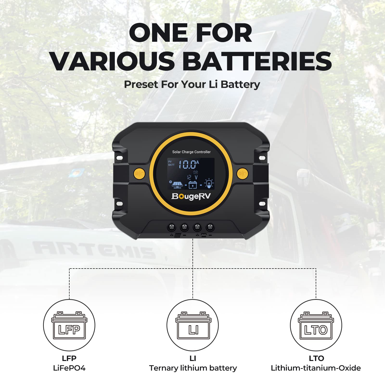 BougeRV Li 10A PWM Solar Charge Controller 12V 24V, Solar Panel Regulator w/ Backlit Display, USB Port, Adjustable Parameter, for Lithium, AGM, SLD, Gel Battery, for RV, Off-Gird, Negative Ground