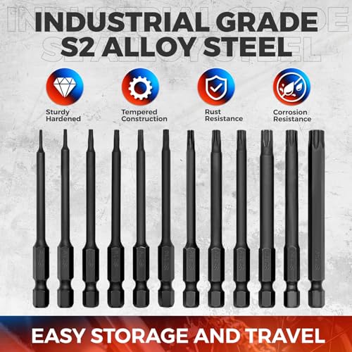 InPower Torx Bit Set, 12-Piece Security Bit Set, S2 Steel Tamper Proof Star Bit Set with Bit Holder, 3" Long Drill Bit, 1/4" Hex Shanks