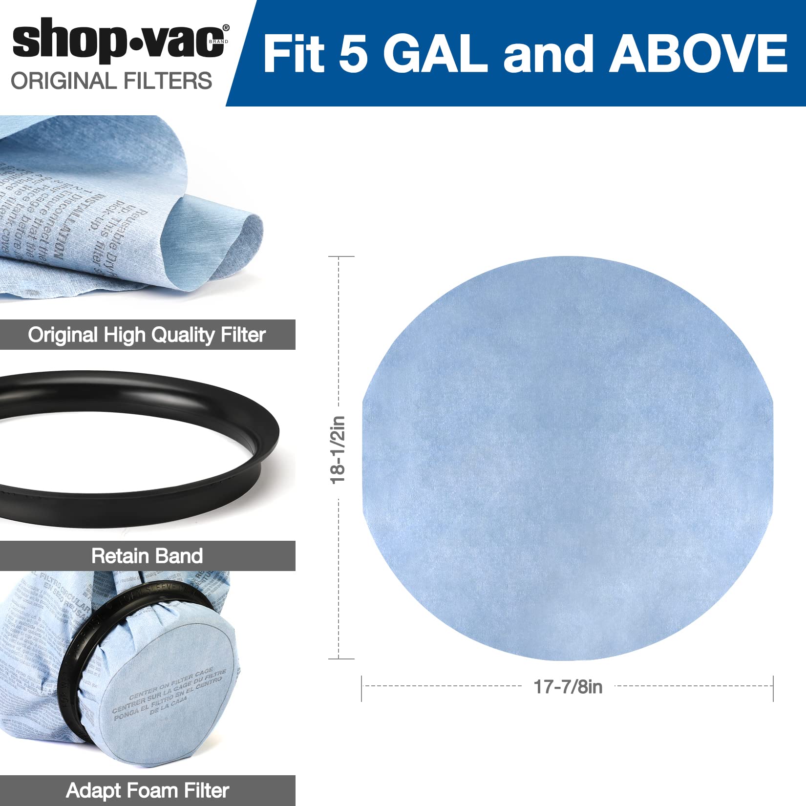 Shop-Vac 5 Gallon 2.0 Peak HP Wet/Dry Vacuum 5971536 + 90107 Paper Disc Filter 6 Pack