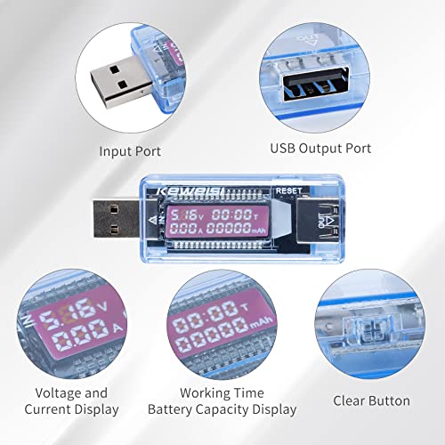 JESSINIE KWS-V20 USB Tester Voltmeter Ammeter Multimeter 3-9V 0-3A LCD Digital Display Power Battery Tester for Power Capacity Mobile Phone Charger with Blue Shell