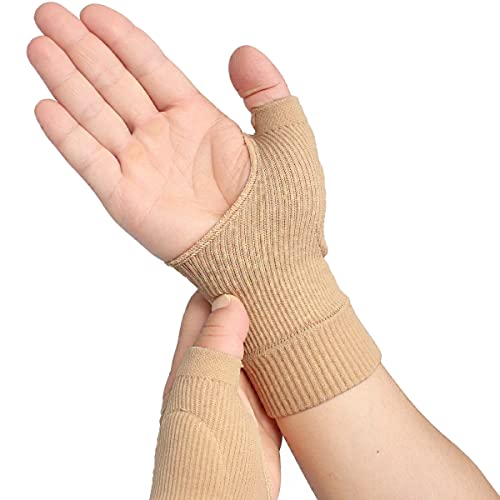 YUNYILAN 2pcs Thumb Compression Arthritis Gloves, Wrist Support Brace Elastic Glove with Gel Thumb Injury Pads for Arthritis, Joint Pain, Tendonitis, Sprains (Beige)