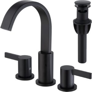 black bathroom faucet, 2 handle basin sink waterfall faucet, brass bathroom faucet 3 hole 8 inch widespread deck mounted, hot and cold mix swivel faucet with pop up drain assembly, matte black