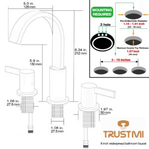 Black Bathroom Faucet, 2 Handle Basin Sink Waterfall Faucet, Brass Bathroom Faucet 3 Hole 8 Inch Widespread Deck Mounted, Hot and Cold Mix Swivel Faucet with Pop Up Drain Assembly, Matte Black