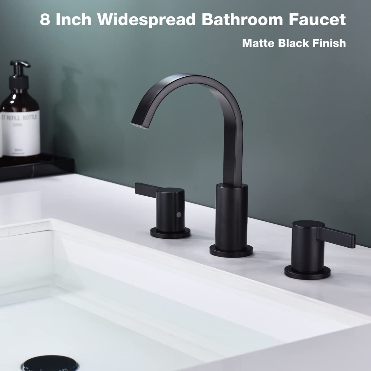 Black Bathroom Faucet, 2 Handle Basin Sink Waterfall Faucet, Brass Bathroom Faucet 3 Hole 8 Inch Widespread Deck Mounted, Hot and Cold Mix Swivel Faucet with Pop Up Drain Assembly, Matte Black