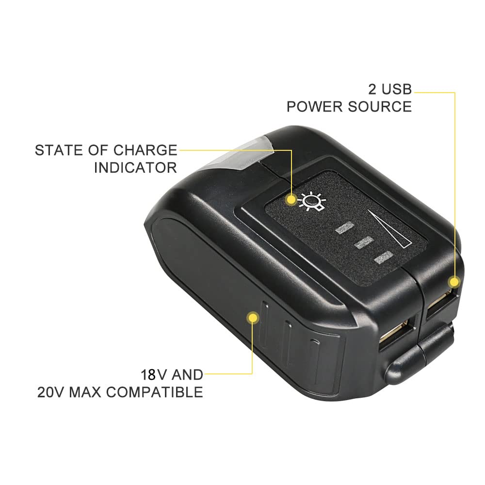 EOHJAR USB Phone Charger Adapter for Dewalt 20v DCB090 Battery, 18v to 20v Max Adapter with LED Work Light and Dual USB Port