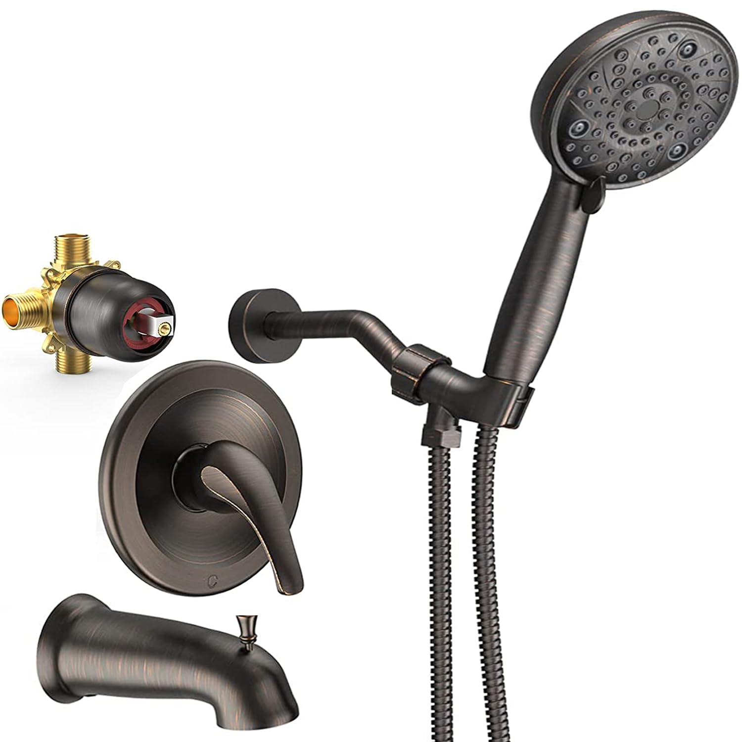 EMBATHER Shower Faucet Set with Tub Spout, 2 in 1 Bathtub Faucet Set with 8 Modes Shower Head, Single-Handle Tub Faucet Set, Shower Valve and Trim Kit, Oil-Rubbed Bronze