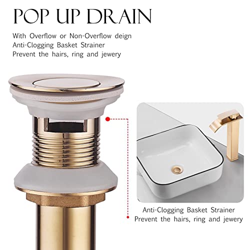 WF WU FANG Gold Bathroom Faucet,Tall Single Handle Bathroom Vanity Sink Faucet with Waterfall Spout and Pop Up Drain,Solid Brass/Brushed Gold