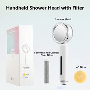 FACHIOO Vitamin C Shower Head Filter - Hard Water Softener - Chlorine & Fluoride Filter - Water Purifying Filtered High Pressure Handheld Shower head - Helps Dry Skin & Hair Loss with Lemon Fragrance