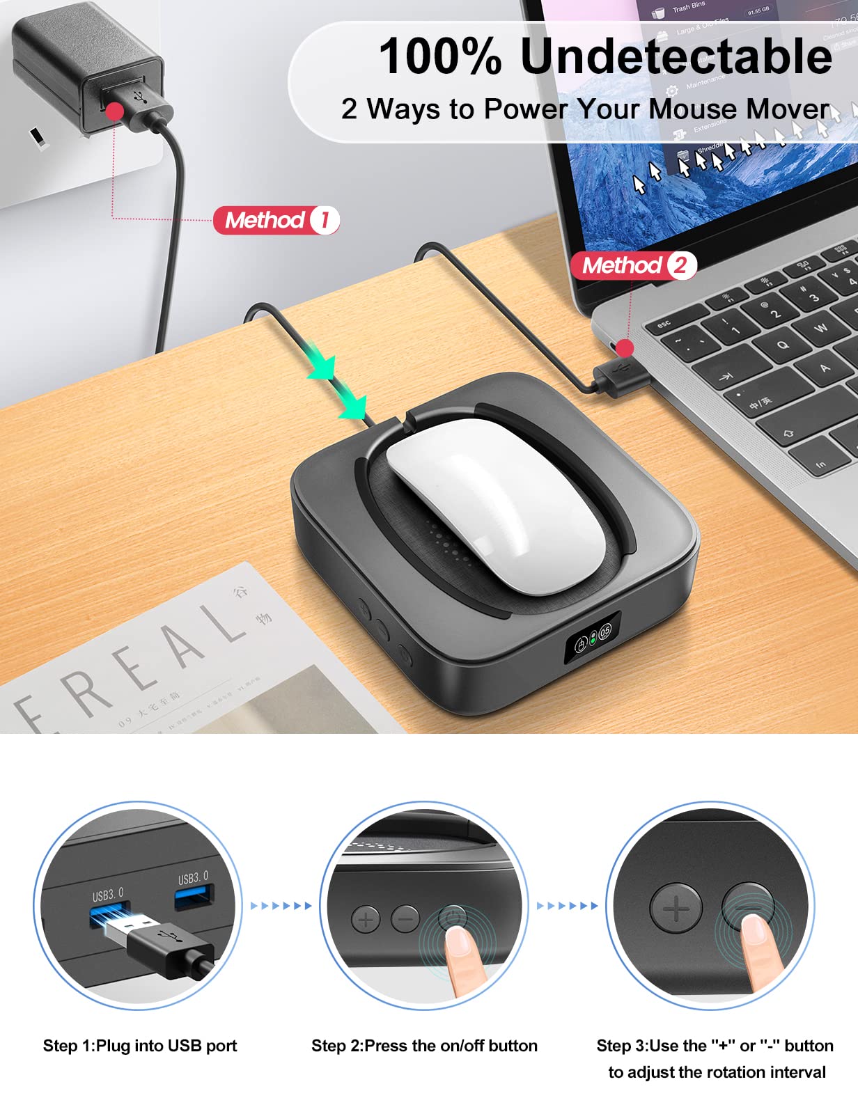 Meatanty Mouse Mover Undetectable, Super-Silent Mouse Jiggler Device Move Randomly, Automatic Wiggler Shaker Giggler, Adjustable Interval Timer, Keep Computer Laptop Active for Office Home Remote Work