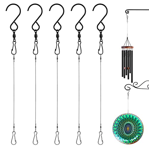 XLDLQU 5 Pack Black Swivel Hooks, 360° Stainless Steel S Hook Clips with 12.5 inch Extended Wirerope for Hanging Wind Spinners, Wind Chimes, Bird Feeder, Crystal Twisters (5 Pack)