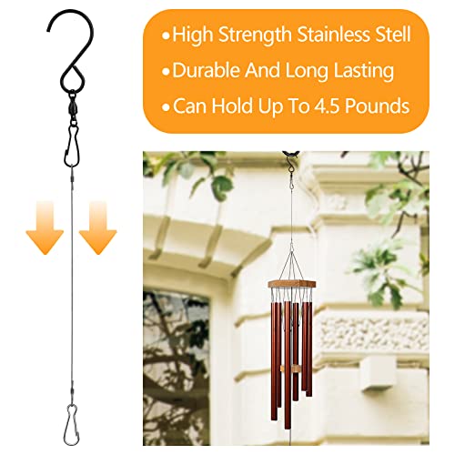 XLDLQU 5 Pack Black Swivel Hooks, 360° Stainless Steel S Hook Clips with 12.5 inch Extended Wirerope for Hanging Wind Spinners, Wind Chimes, Bird Feeder, Crystal Twisters (5 Pack)