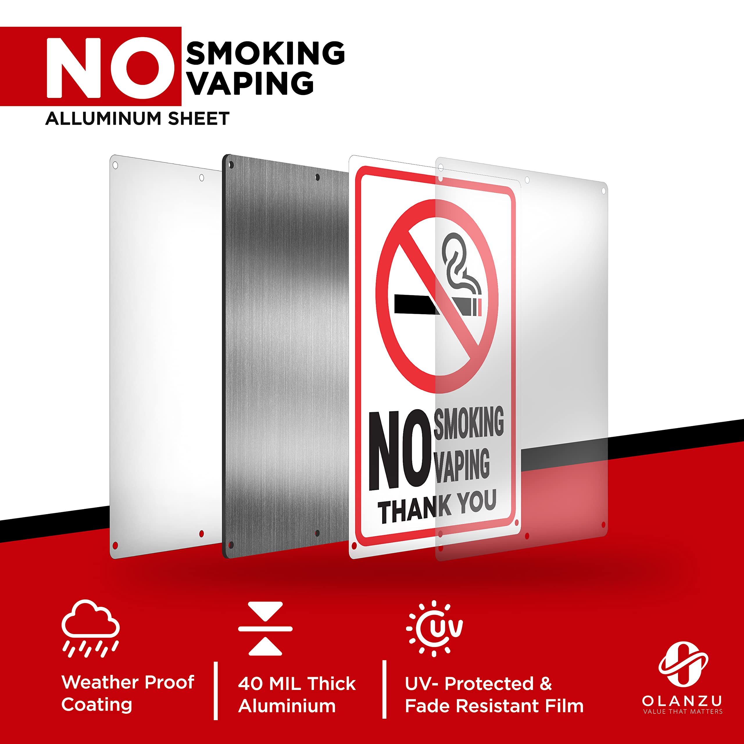 OLANZU No Smoking Signs For Business - 4 Pack 10"x7" Aluminum Sign - Engineer Grade Metal - Rust Proof & UV Protected No Smoking Sign-Indoor & Outdoor