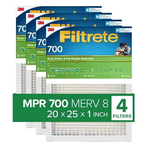 Filtrete 20x25x1 Air Filter, MPR 700, MERV 8, Clean Living Dust, Pollen and Pet Dander Reduction 3-Month Pleated 1-Inch Air Filters, 4 Filters