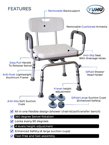 360 Degree Heavy Duty Swivel Shower Chair with Armrests and Back Support, Shower Chair for Inside Shower, Tub Transfer Bench, Shower Stool&Bath Chair(RightHand Handle)