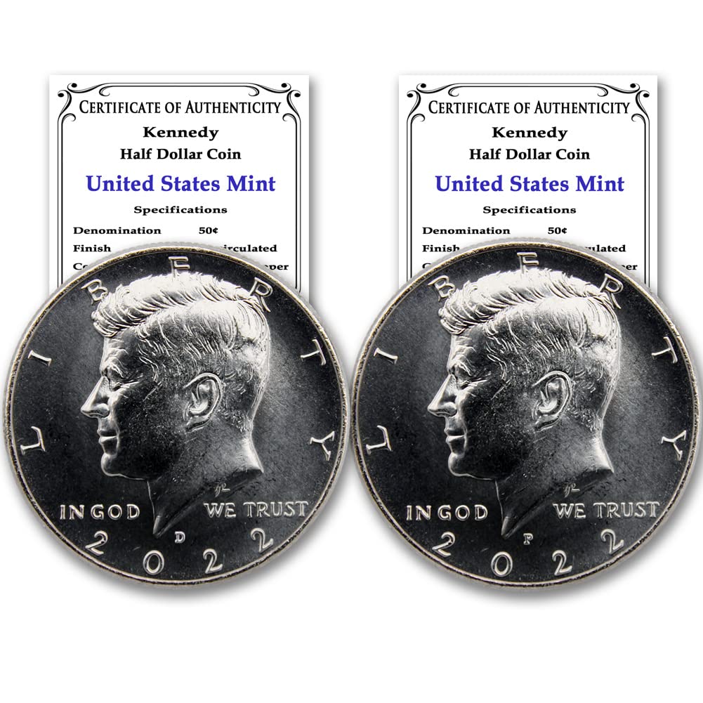 2022 P,D Set of 2 Kennedy Half Dollar Coins (Struck at the Philadelphia Mint & the Denver Mint) with a Certificate of Authenticity Mint State