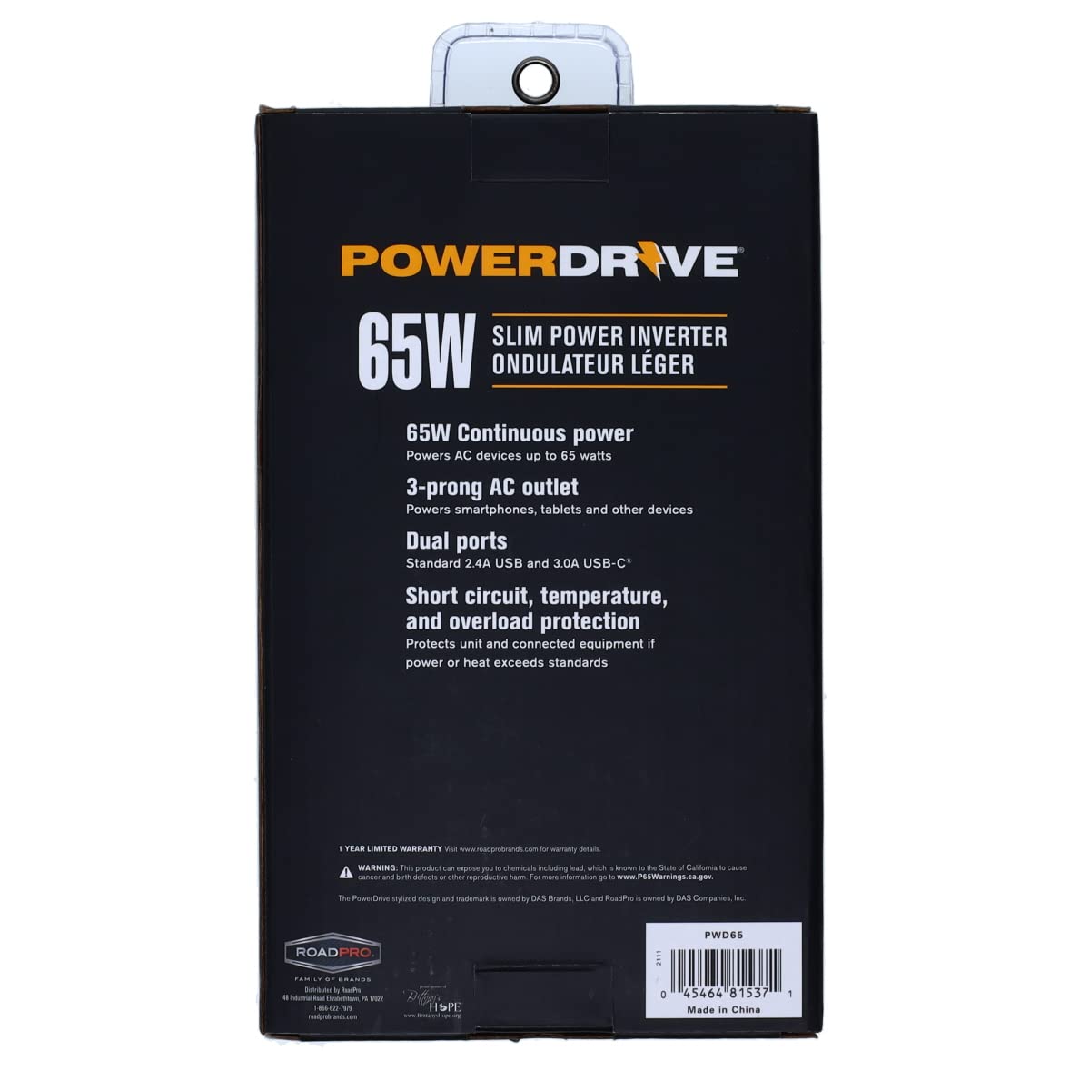 PowerDrive PWD65 65 Watt Slim Power Inverter 12v DC to 110v AC with Outlet and 2 Ports