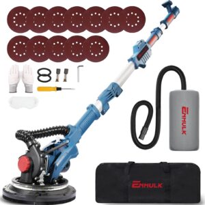 enhulk drywall sander, 900w 7.2a electric drywall sander with vacuum auto dust collection, 6 variable speed 800-1800rpm, double-deck led lights, extendable & foldable handle, 12 sanding discs