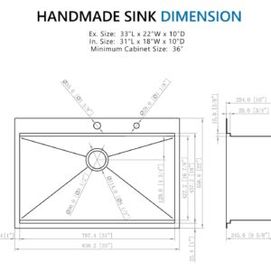 33 inch Drop in Workstation Kitchen Sink, Doirteal 33x22x10 Inches 16 Gauge Stainless Steel Topmount Stainless Steel Single Bowl Workstation Kitchen Sinks BL20