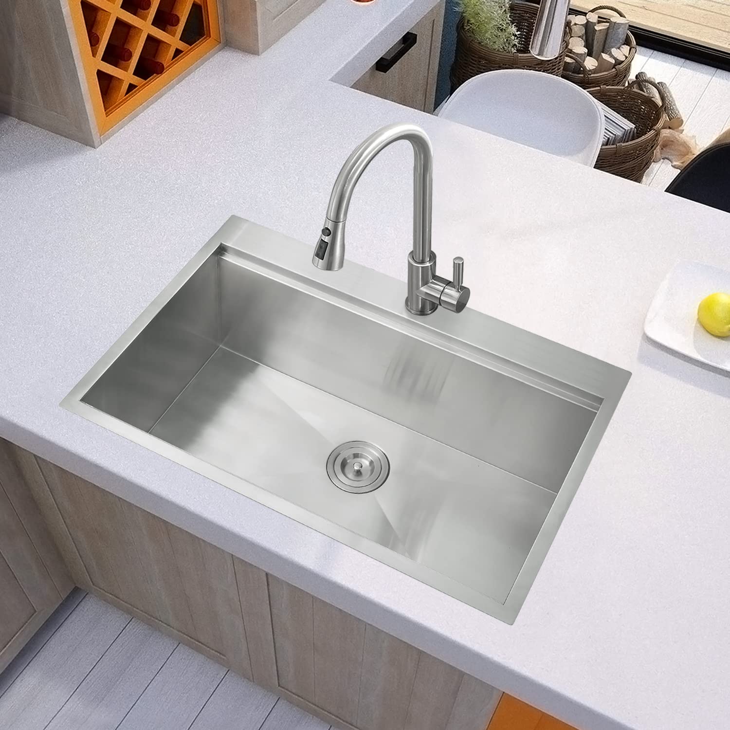 33 inch Drop in Workstation Kitchen Sink, Doirteal 33x22x10 Inches 16 Gauge Stainless Steel Topmount Stainless Steel Single Bowl Workstation Kitchen Sinks BL20