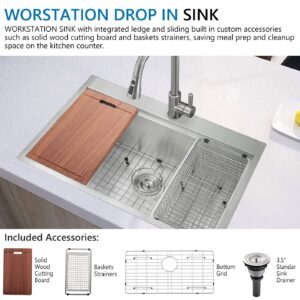 33 inch Drop in Workstation Kitchen Sink, Doirteal 33x22x10 Inches 16 Gauge Stainless Steel Topmount Stainless Steel Single Bowl Workstation Kitchen Sinks BL20