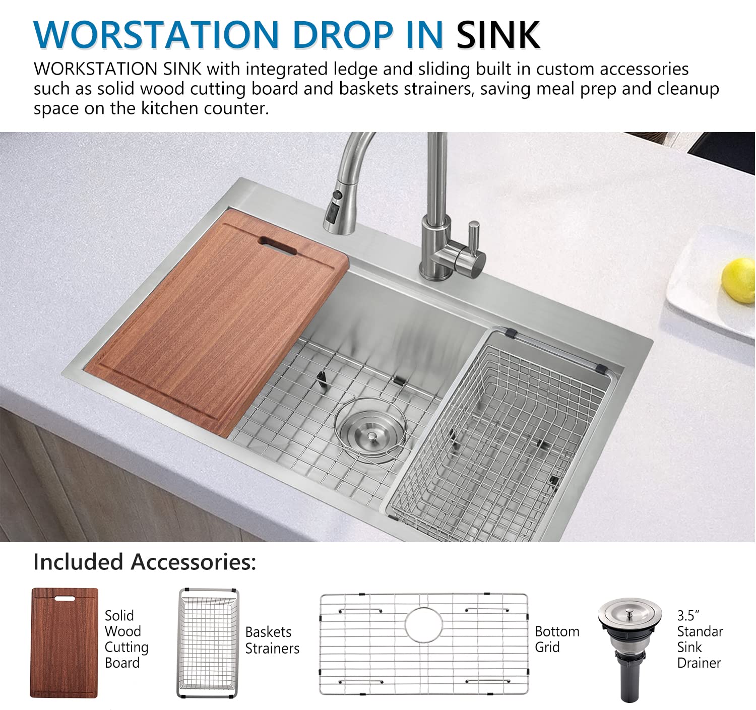 33 inch Drop in Workstation Kitchen Sink, Doirteal 33x22x10 Inches 16 Gauge Stainless Steel Topmount Stainless Steel Single Bowl Workstation Kitchen Sinks BL20