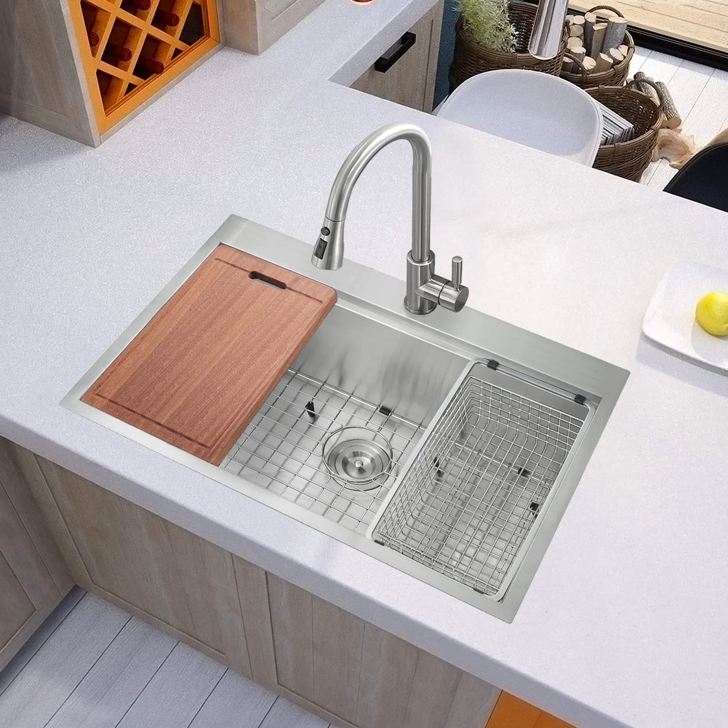 33 inch Drop in Workstation Kitchen Sink, Doirteal 33x22x10 Inches 16 Gauge Stainless Steel Topmount Stainless Steel Single Bowl Workstation Kitchen Sinks BL20