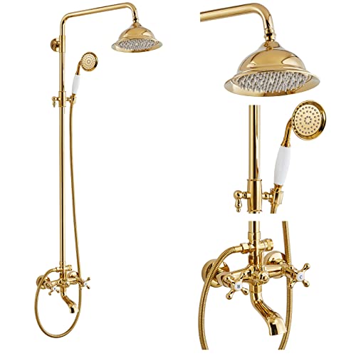 gotonovo Wall Mount Polish Gold 3 Functions Brass Exposed Shower System with 8 Inch Shower head Dual Double Cross Handles Adjustable Handheld Spray with Tub Spout Bathroom Shower Faucet Set