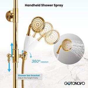 gotonovo Wall Mount Polish Gold 3 Functions Brass Exposed Shower System with 8 Inch Shower head Dual Double Cross Handles Adjustable Handheld Spray with Tub Spout Bathroom Shower Faucet Set