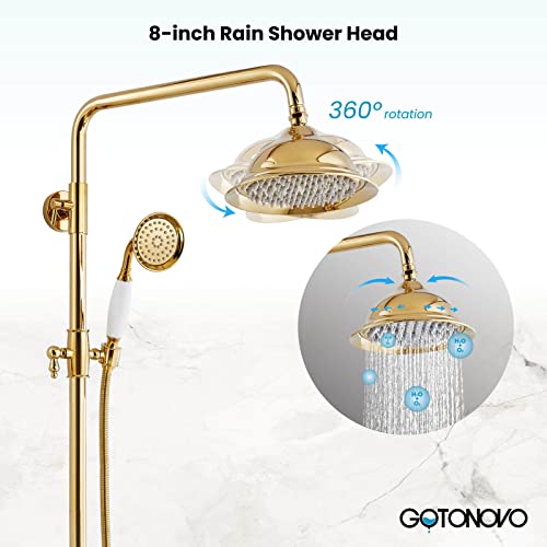 gotonovo Wall Mount Polish Gold 3 Functions Brass Exposed Shower System with 8 Inch Shower head Dual Double Cross Handles Adjustable Handheld Spray with Tub Spout Bathroom Shower Faucet Set