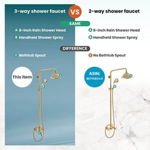 gotonovo Wall Mount Polish Gold 3 Functions Brass Exposed Shower System with 8 Inch Shower head Dual Double Cross Handles Adjustable Handheld Spray with Tub Spout Bathroom Shower Faucet Set