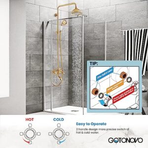 gotonovo Wall Mount Polish Gold 3 Functions Brass Exposed Shower System with 8 Inch Shower head Dual Double Cross Handles Adjustable Handheld Spray with Tub Spout Bathroom Shower Faucet Set