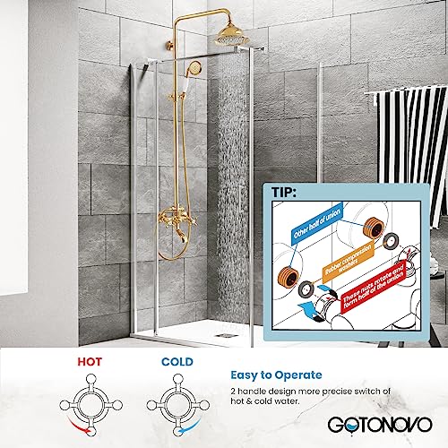 gotonovo Wall Mount Polish Gold 3 Functions Brass Exposed Shower System with 8 Inch Shower head Dual Double Cross Handles Adjustable Handheld Spray with Tub Spout Bathroom Shower Faucet Set