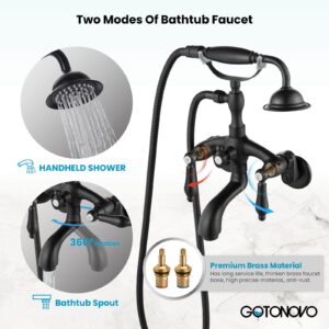 gotonovo Matte Black Wall Mount 3 3/8 Clawfoot Tub Faucet For Bathtub with Hand Held Shower Sprayer Double Level Handle with Hot and Cold Water Adapter Adjustable Swing Arms