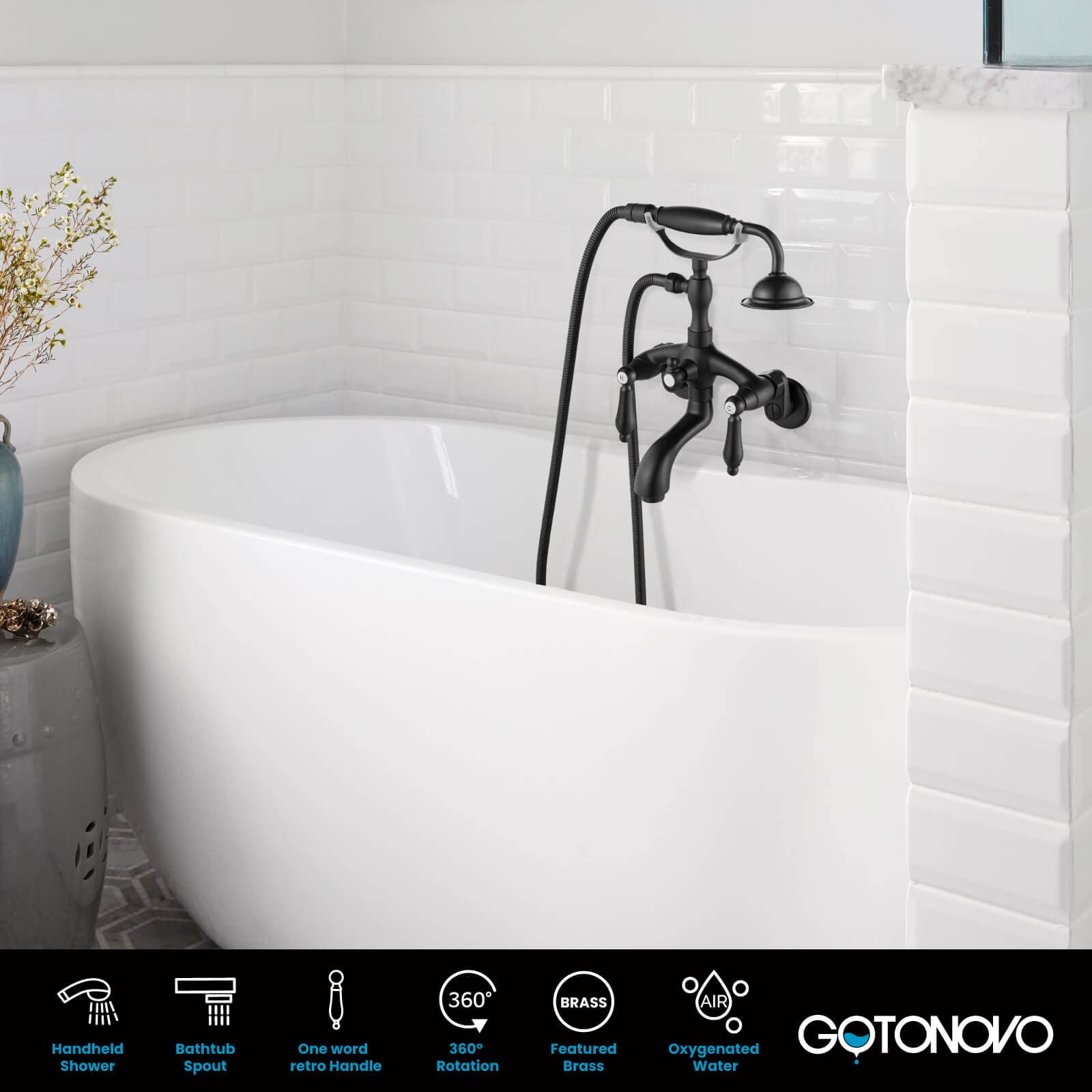 gotonovo Matte Black Wall Mount 3 3/8 Clawfoot Tub Faucet For Bathtub with Hand Held Shower Sprayer Double Level Handle with Hot and Cold Water Adapter Adjustable Swing Arms