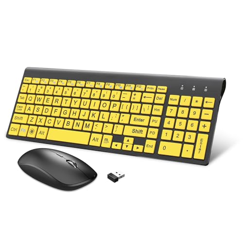 HXMJ-Wireless Large Print Keyboard and Mouse Combo with USB Receiver for Seniors and Visually Impaired Low Vision Individuals-Yellow