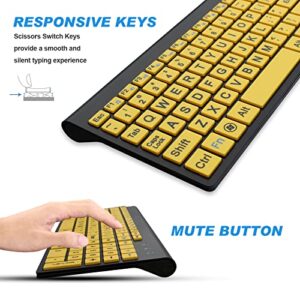 HXMJ-Wireless Large Print Keyboard and Mouse Combo with USB Receiver for Seniors and Visually Impaired Low Vision Individuals-Yellow