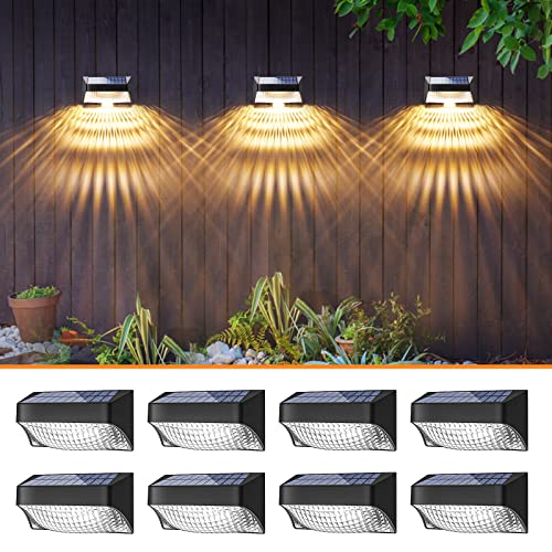 Aulanto Solar Fence Lights, 8 Pack Waterproof Fence Solar Lights with RGB & Warm White Mode, 2 Lighting Effect Decorative Garden Lights with Auto On/Off, Perfect for Fence, Backyard, Garden, Patio.