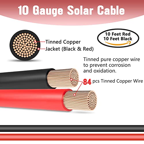 PRECIHW Solar Panel Extension Cable, 10AWG (6mm²) Solar Extension Cable Wire (10FT Red + 10FT Black), PV Extension Cable Wire