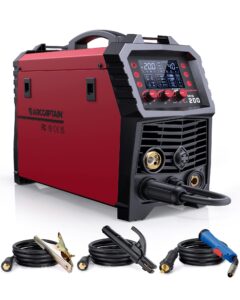 arccaptain mig welder, 200amp 6 in 1 gas mig/gasless flux core mig/stick/lift tig/spot welding/spool gun 110v/200v aluminum multi process welding machine with led digital display, burn back adjustment