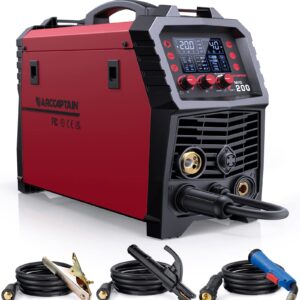 ARCCAPTAIN MIG Welder, 200Amp 6 in 1 Gas MIG/Gasless Flux Core MIG/Stick/Lift TIG/Spot welding/Spool Gun 110V/200V Aluminum Multi Process Welding Machine with LED Digital Display, Burn Back Adjustment