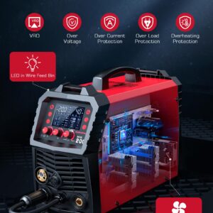 ARCCAPTAIN MIG Welder, 200Amp 6 in 1 Gas MIG/Gasless Flux Core MIG/Stick/Lift TIG/Spot welding/Spool Gun 110V/200V Aluminum Multi Process Welding Machine with LED Digital Display, Burn Back Adjustment