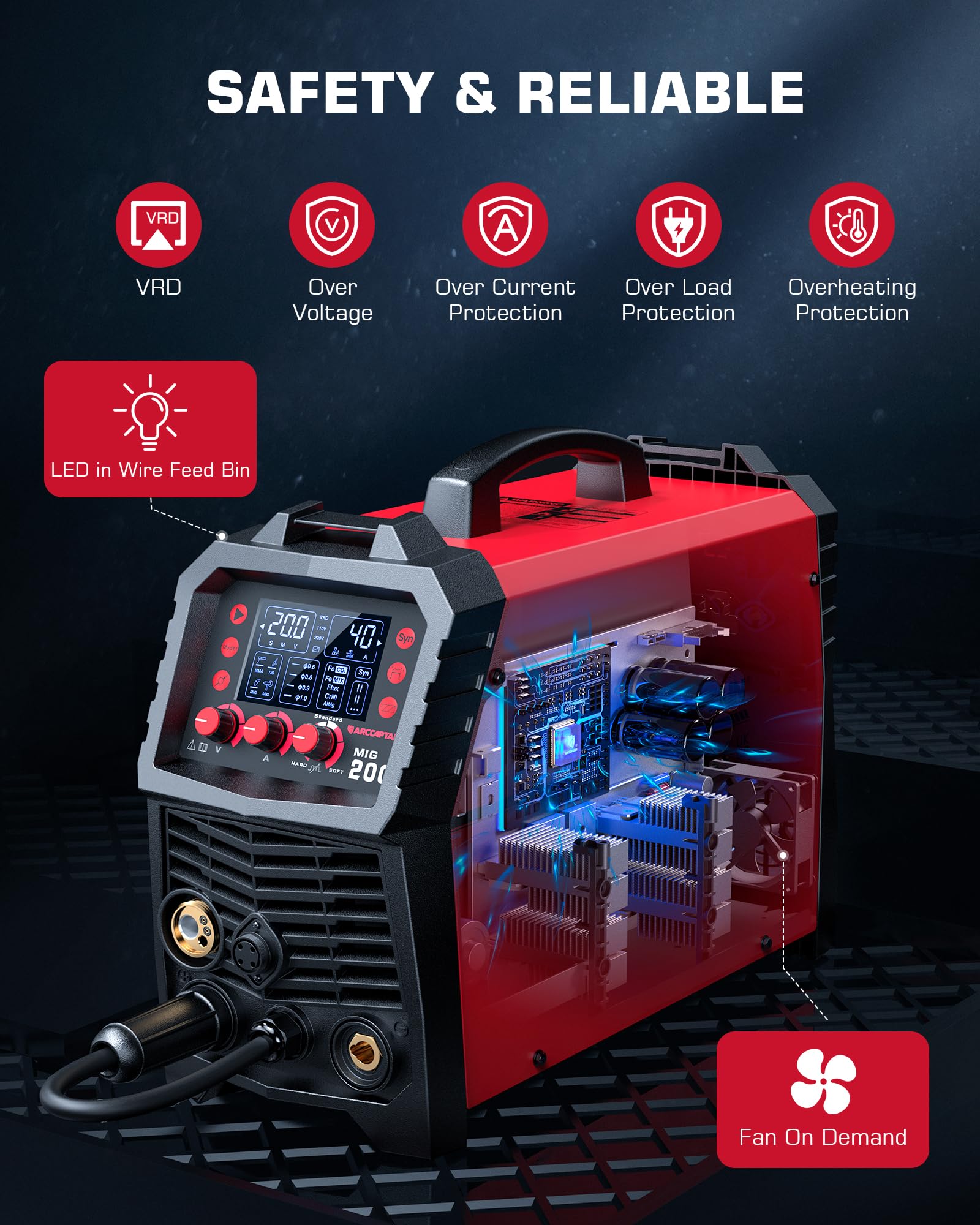 ARCCAPTAIN MIG Welder, 200Amp 6 in 1 Gas MIG/Gasless Flux Core MIG/Stick/Lift TIG/Spot welding/Spool Gun 110V/200V Aluminum Multi Process Welding Machine with LED Digital Display, Burn Back Adjustment