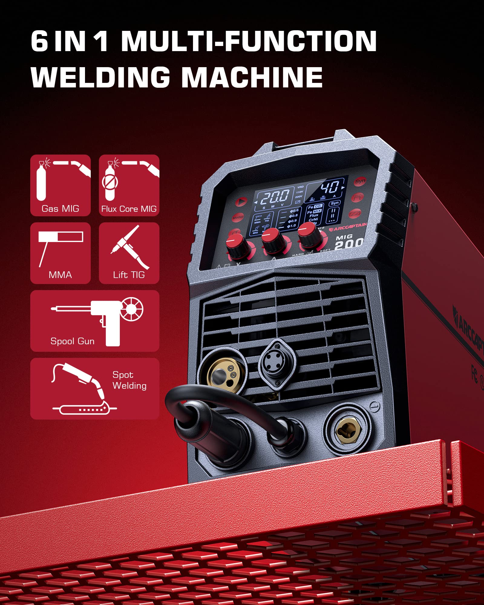 ARCCAPTAIN MIG Welder, 200Amp 6 in 1 Gas MIG/Gasless Flux Core MIG/Stick/Lift TIG/Spot welding/Spool Gun 110V/200V Aluminum Multi Process Welding Machine with LED Digital Display, Burn Back Adjustment