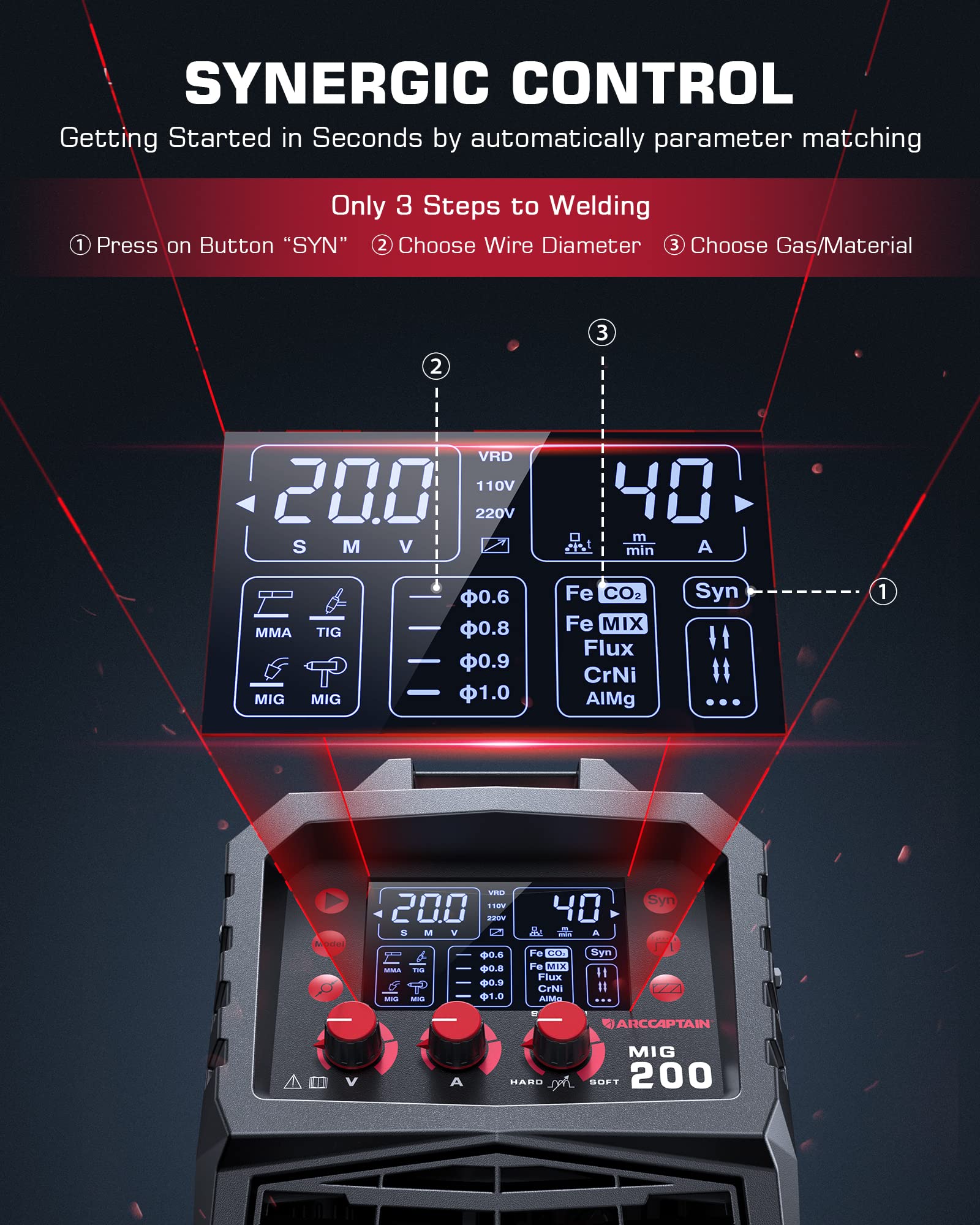 ARCCAPTAIN MIG Welder, 200Amp 6 in 1 Gas MIG/Gasless Flux Core MIG/Stick/Lift TIG/Spot welding/Spool Gun 110V/200V Aluminum Multi Process Welding Machine with LED Digital Display, Burn Back Adjustment